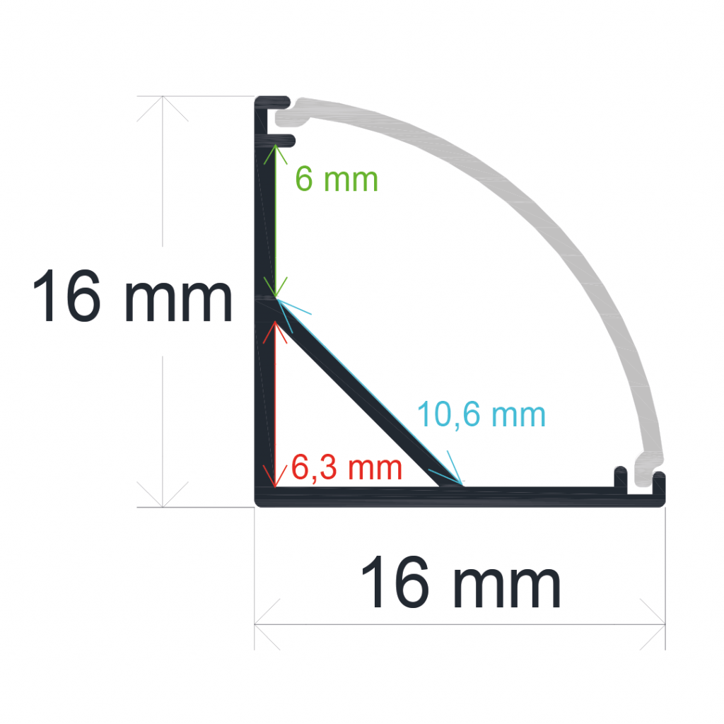Perfil de aluminio 2 metros16mm*16mm esquina difusor curvo ...